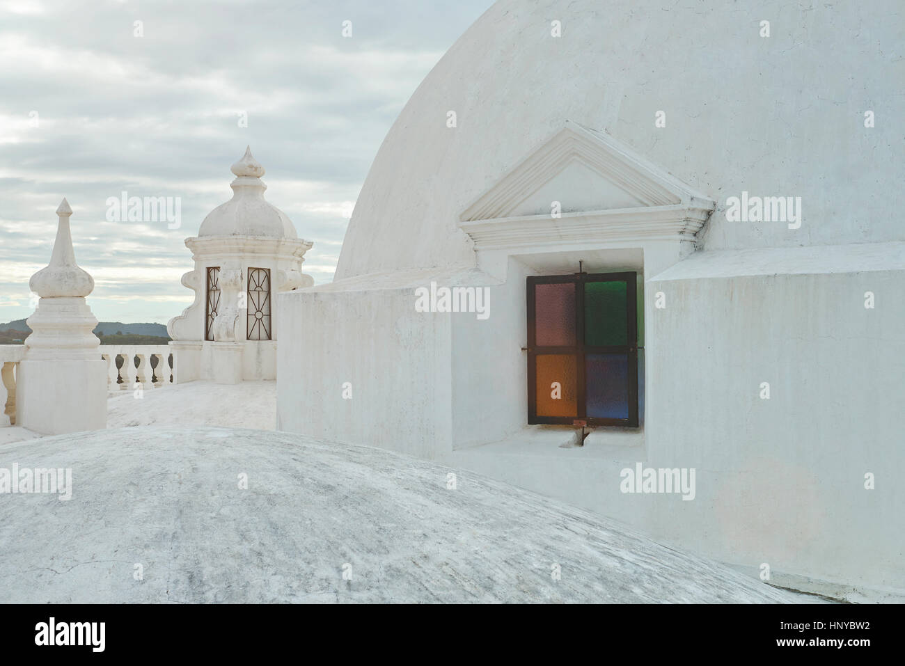Colorful window on white roof of central cathedral in Leon Nicaragua ...