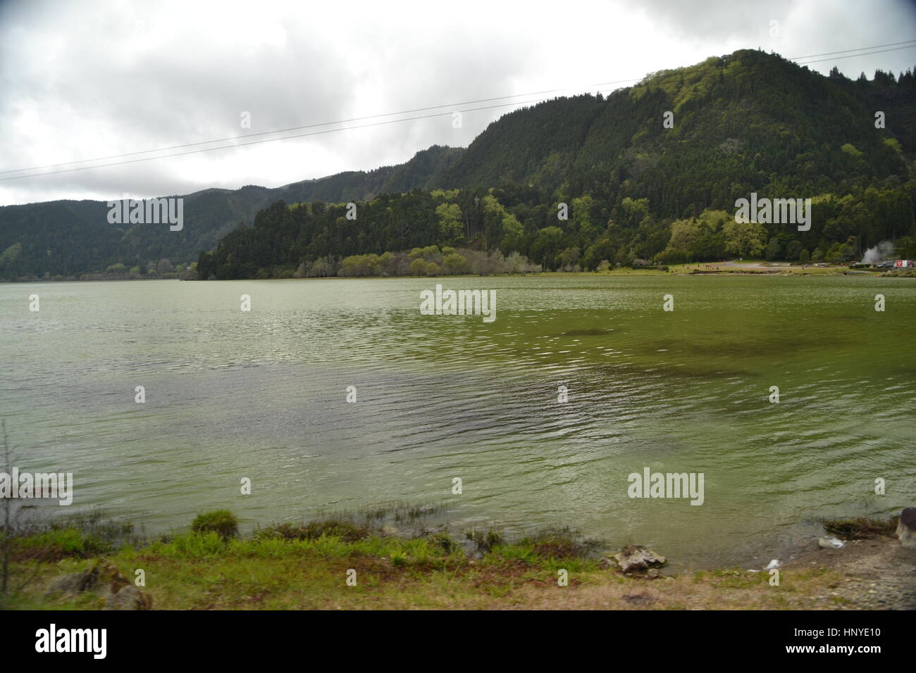Furnas lake is very calm, light green colour in winter on Azores Sao ...