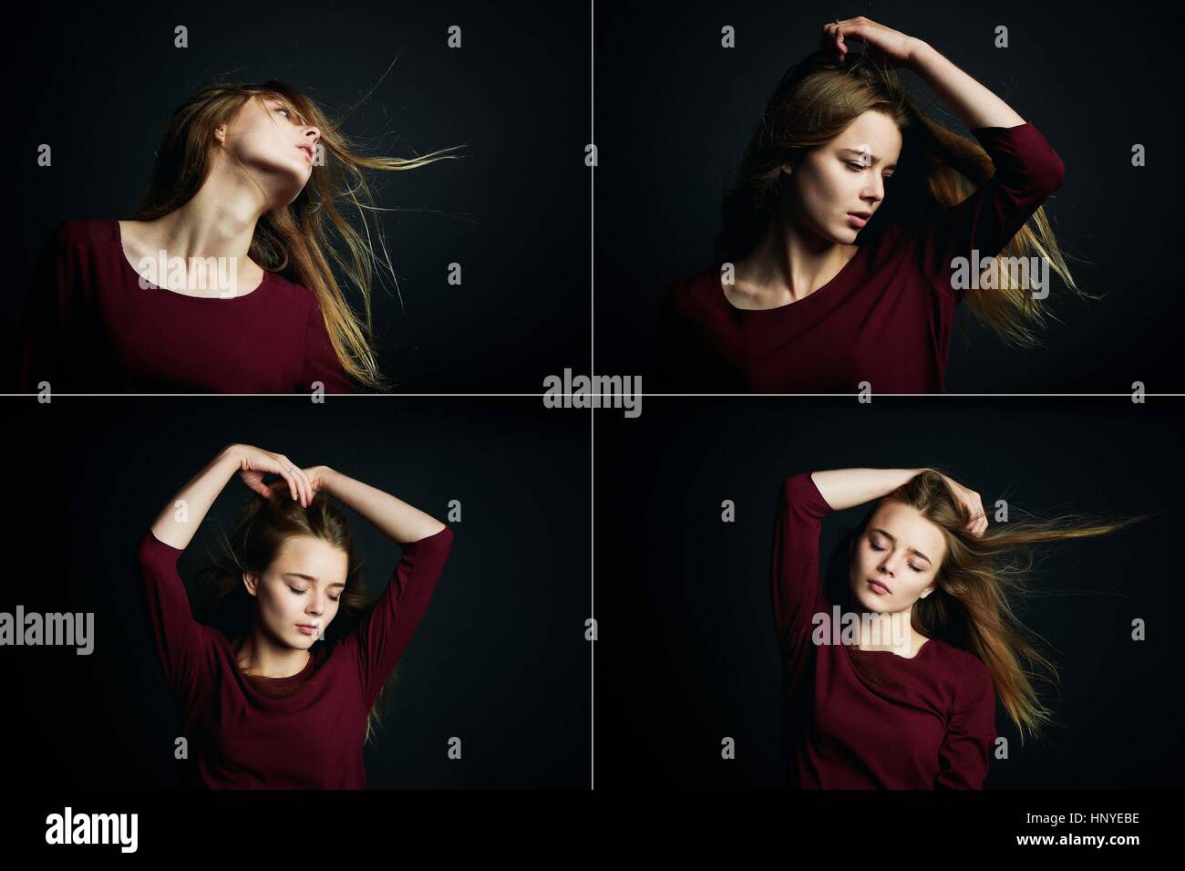 The hand in her hair. Beautiful young girl dancing. Hair flying ...