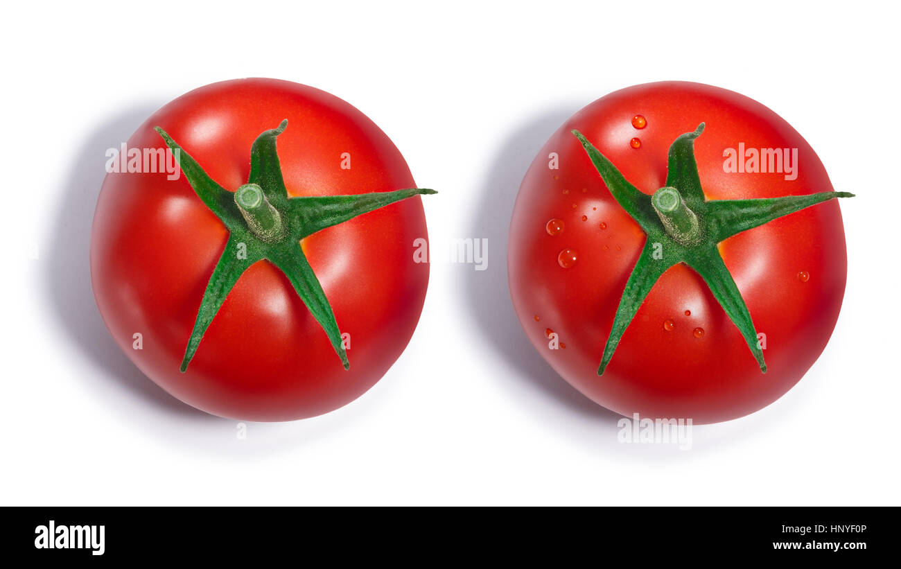 Single fresh ripe round tomato with sepal, with and without dewdrops ...