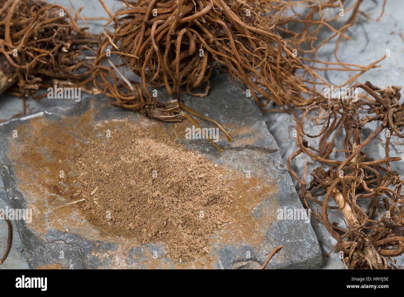 Baldrianwurzeln werden mit Mörser zerkleinert, getrocknete Baldrian ...