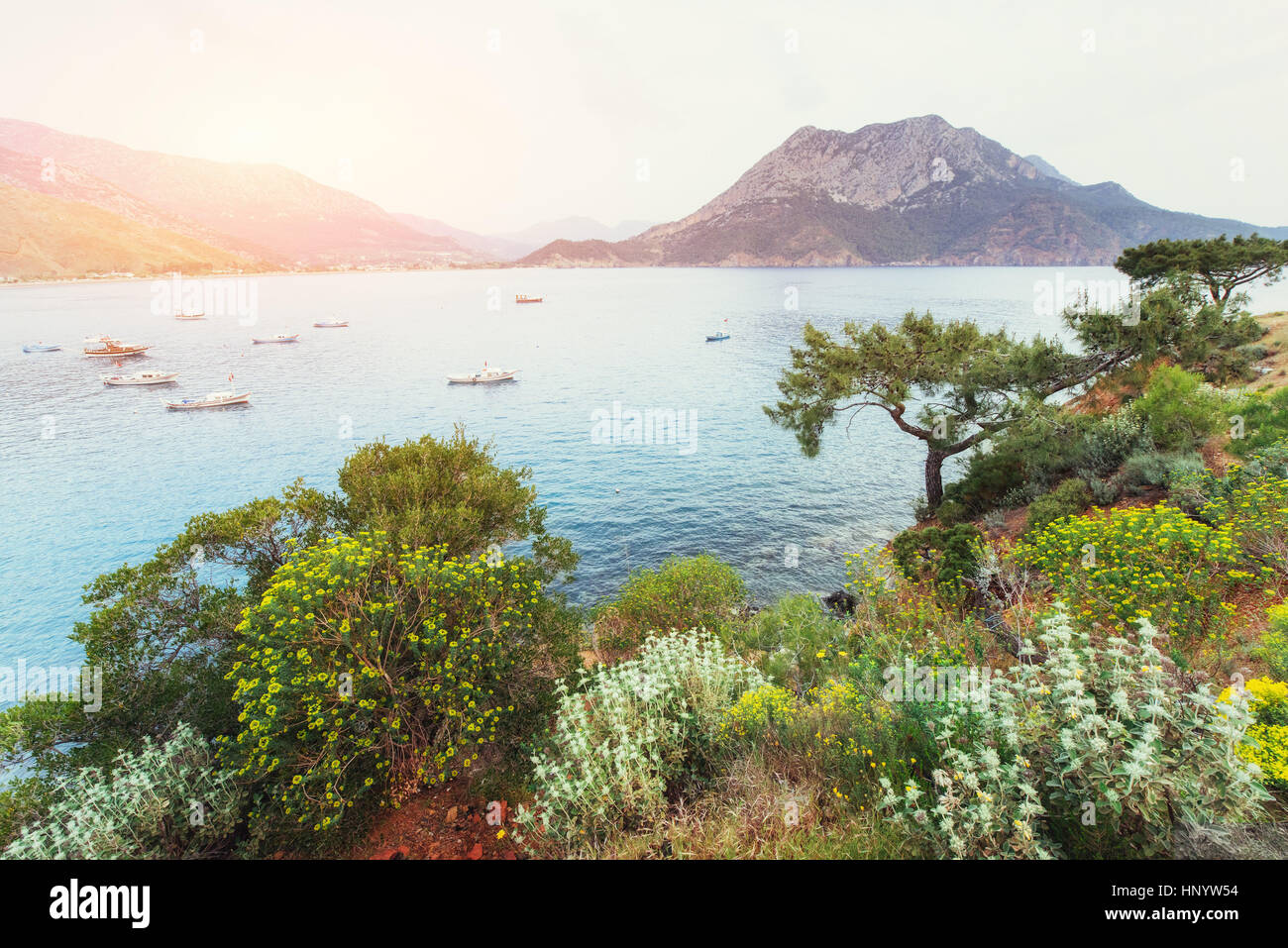 The picturesque sunset. View of the boats at sea. Turkey Stock Photo ...