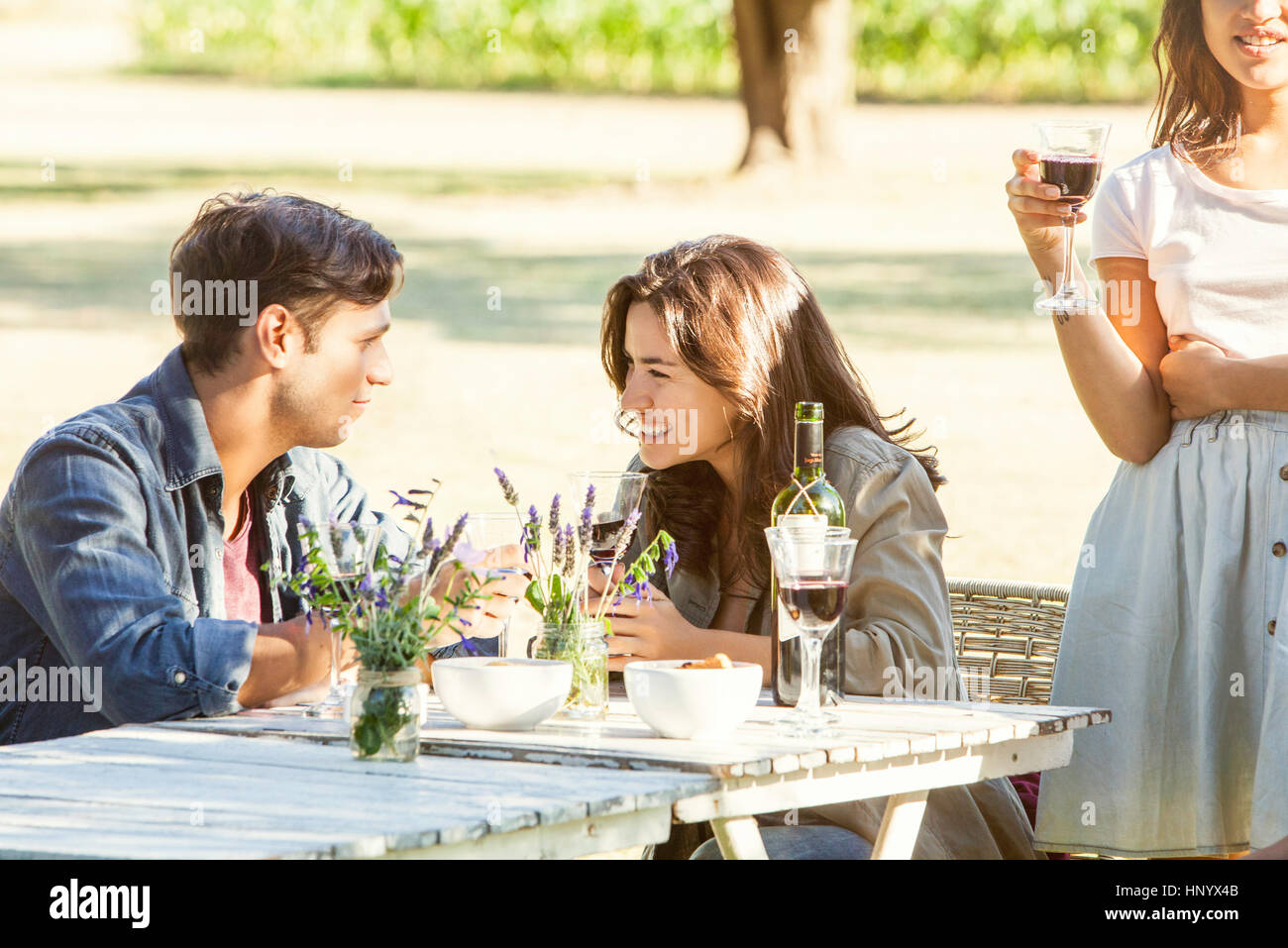 Friends chatting over wine at outdoor gathering Stock Photo - Alamy