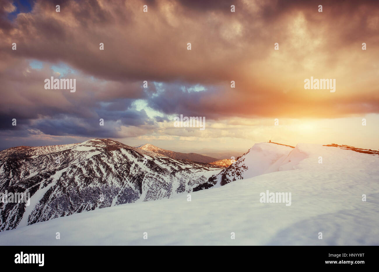 Colorful spring sunset over the mountain ranges in the national Stock ...