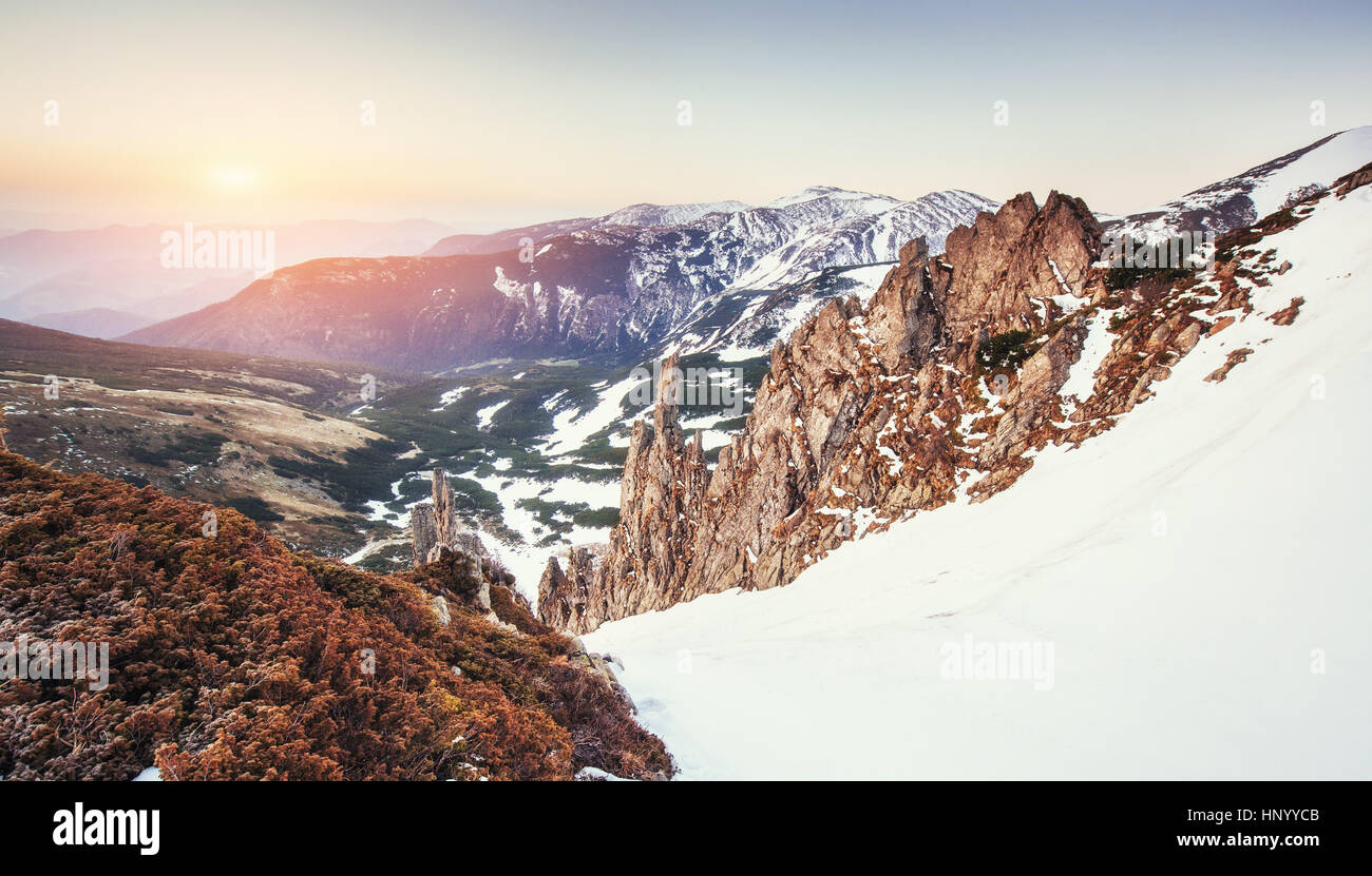 Colorful spring sunset over the mountain ranges in the national Stock ...