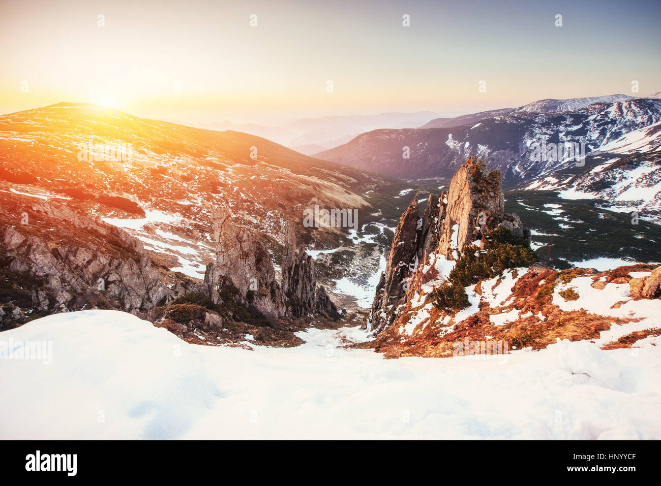 Colorful spring sunset over the mountain ranges in the national Stock ...