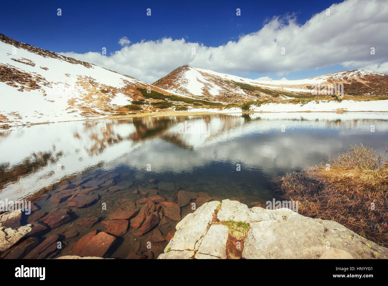 Mountain Lake. Reflection of sky in water. Spring landscape Stock Photo ...