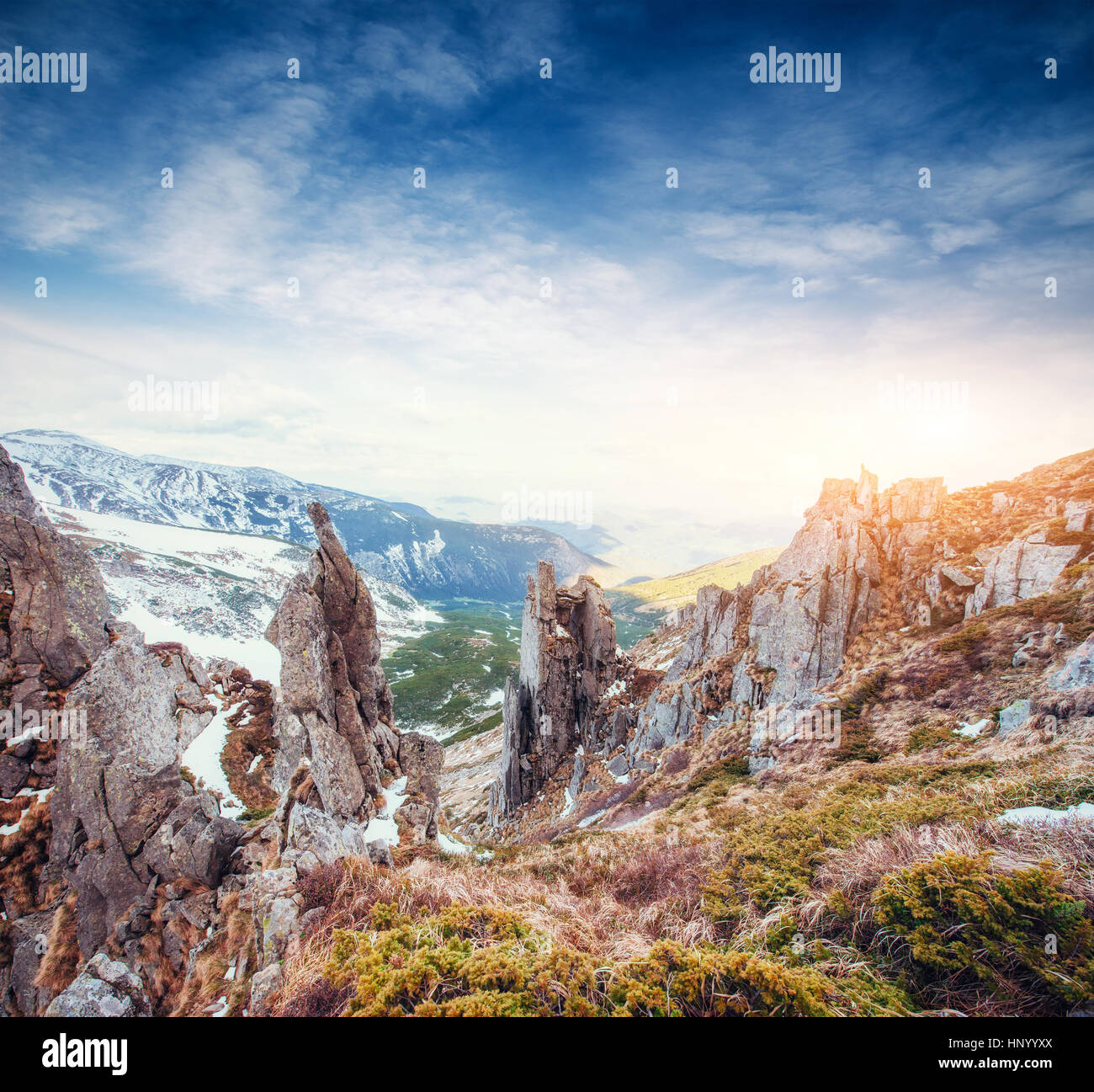 Colorful spring sunset over the mountain ranges in the national Stock ...
