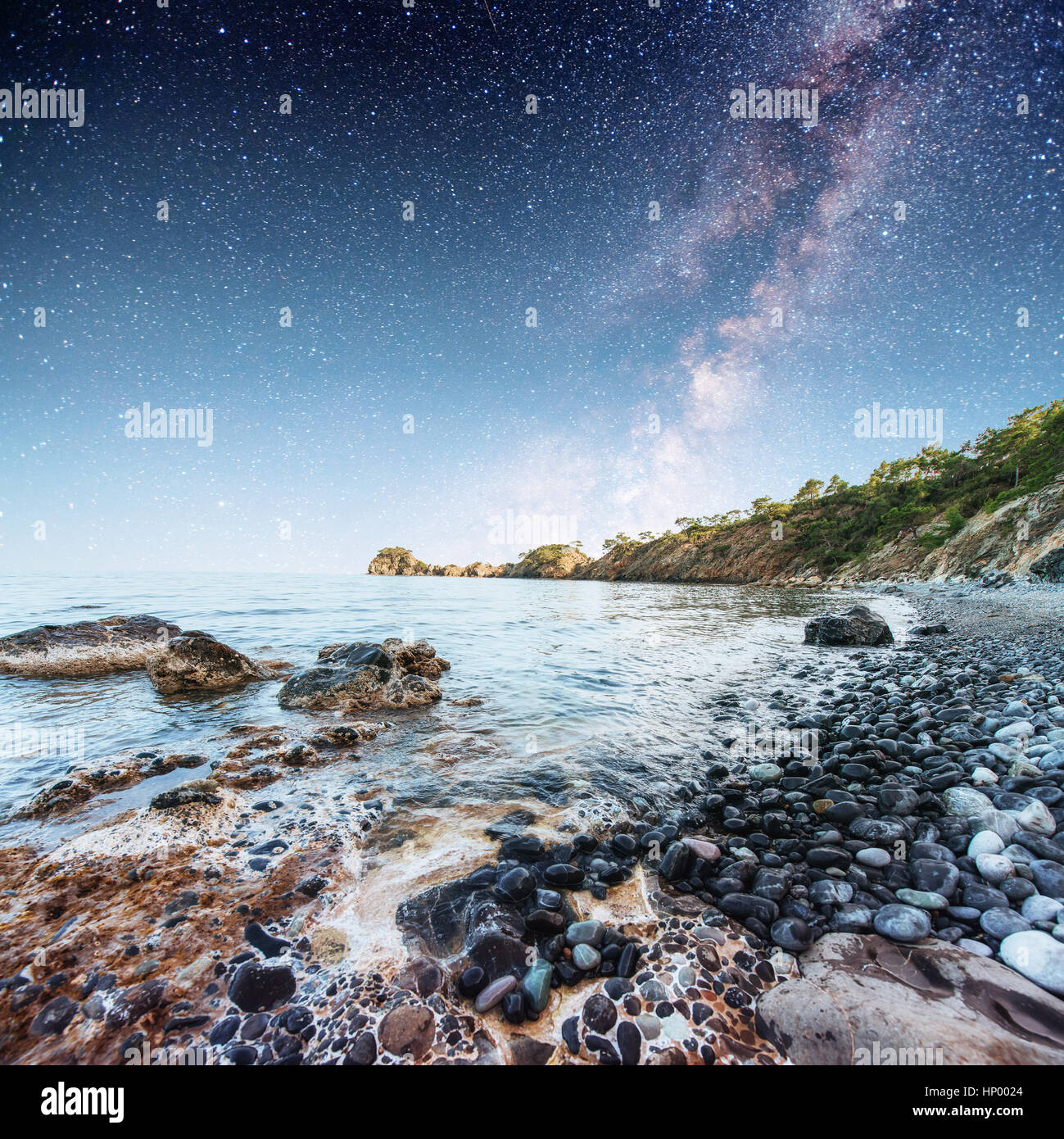 Fantastic panoramic view of the rocky beach. Starry sky. Turkey Stock ...