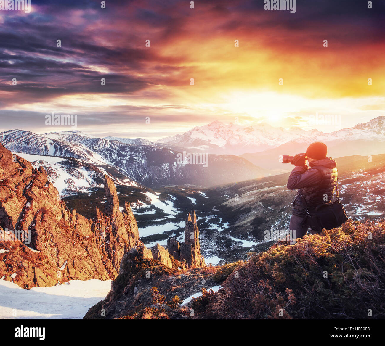 tourist looks at the landscape. Beautiful sunset. Carpathians Stock ...