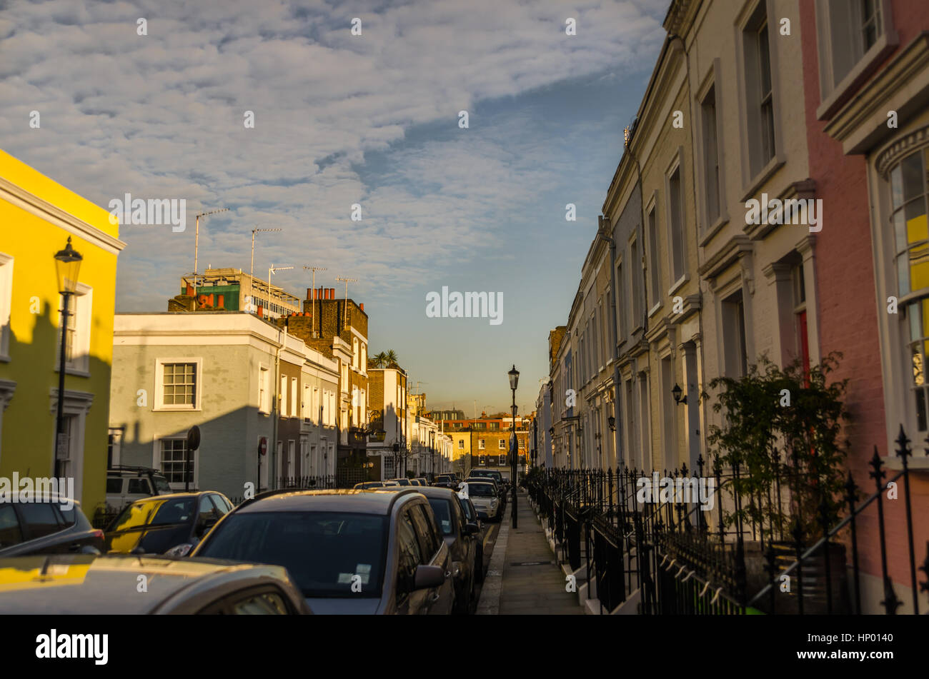 beautiful street with colorful buildings in a sunny day, nice view to ...