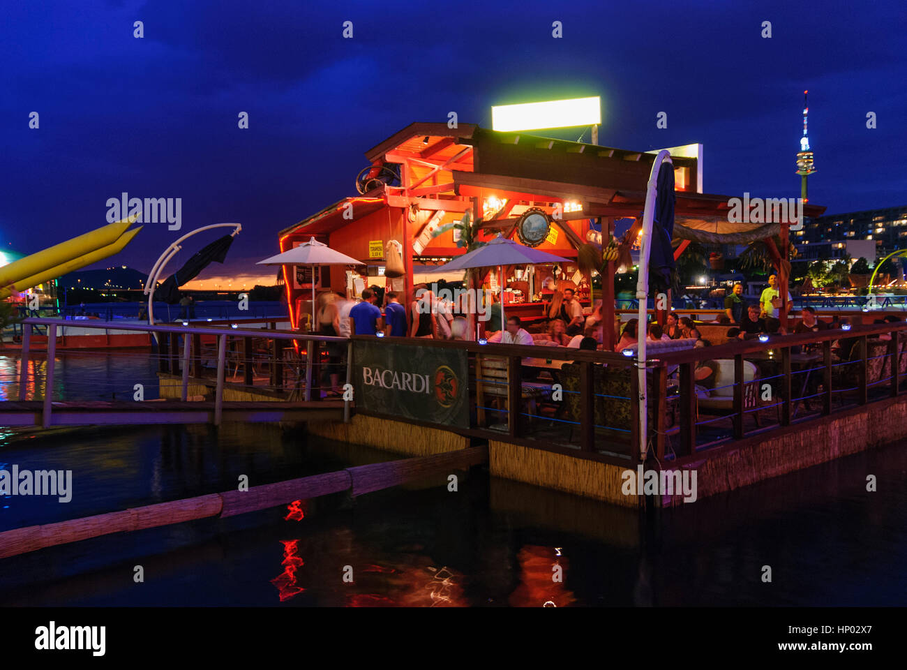 Wien, Vienna, Pleasure ground Copa Cagrana on the New Danube at sunset ...