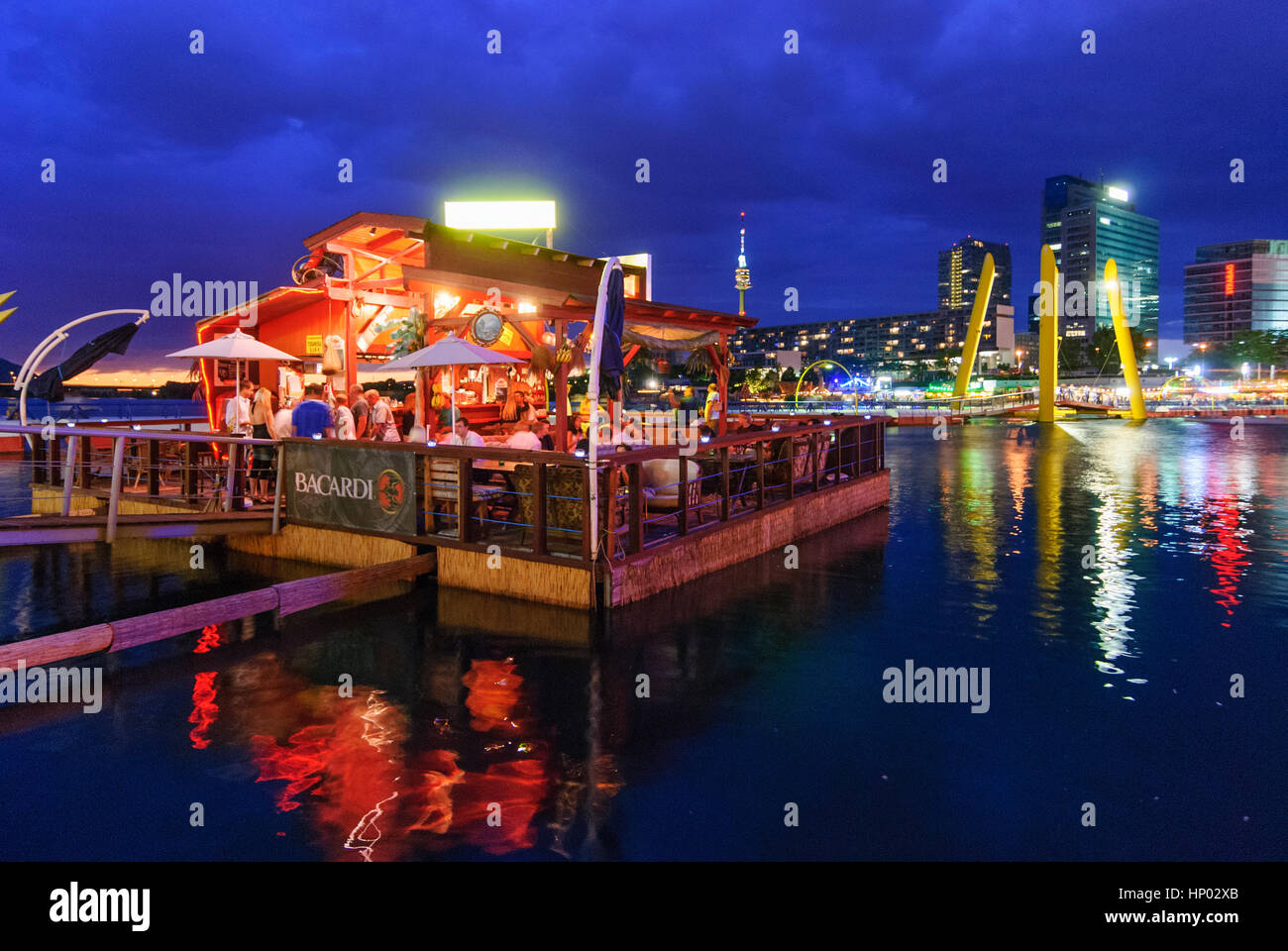 Wien, Vienna, Pleasure ground Copa Cagrana on the New Danube at sunset ...