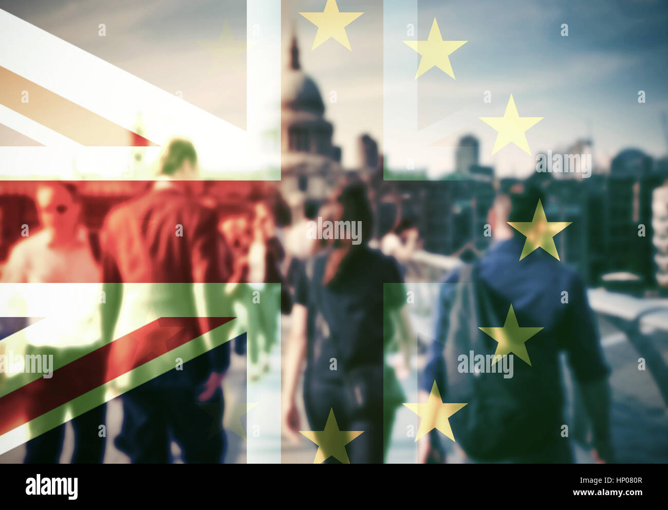 flags of UK and EU combined over icons of London - Brexit concept Stock ...