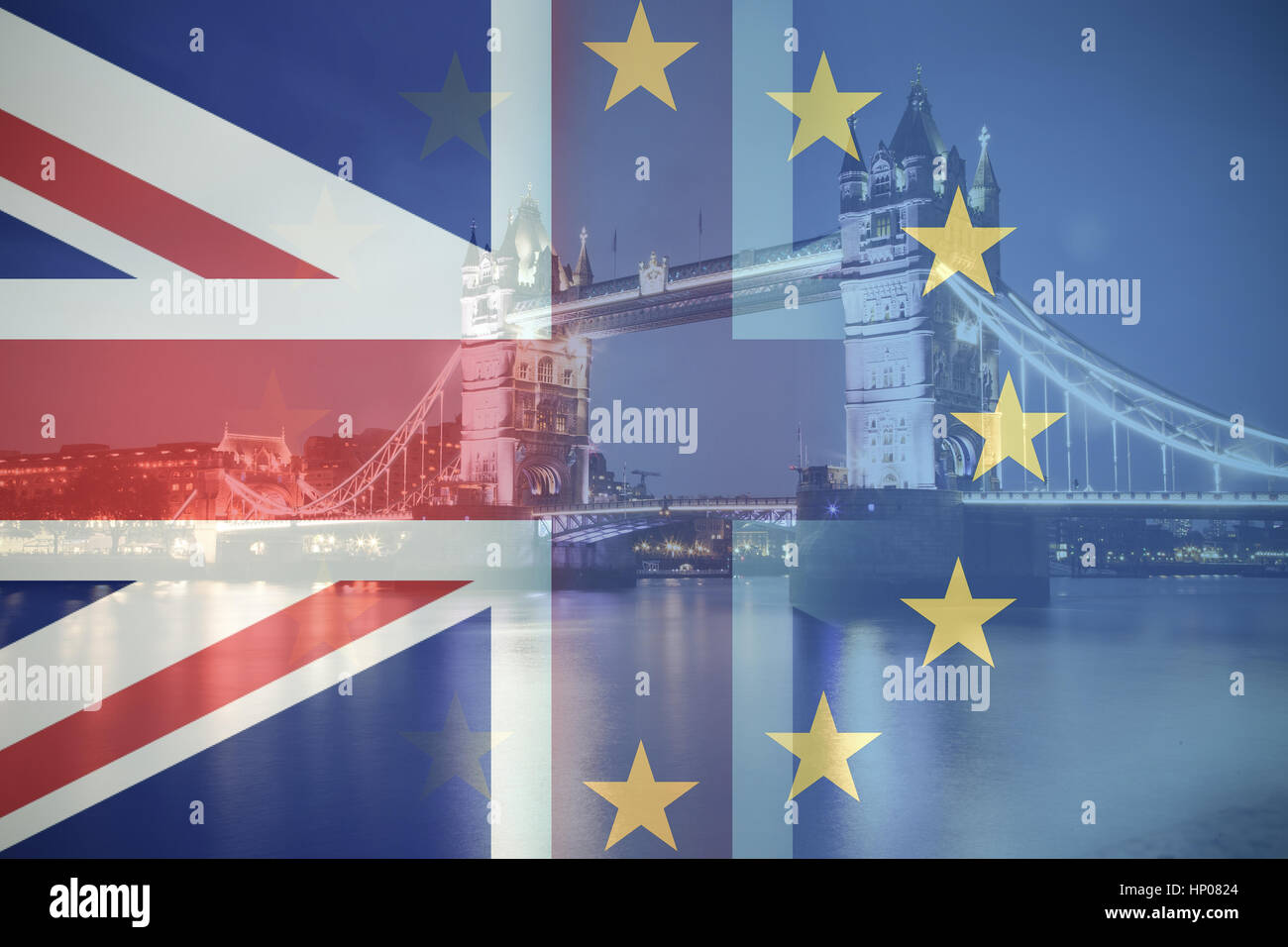 flags of UK and EU combined over icons of London - Brexit concept Stock ...