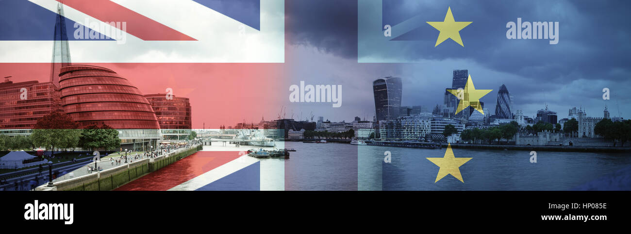 flags of UK and EU combined over icons of London - Brexit concept Stock ...