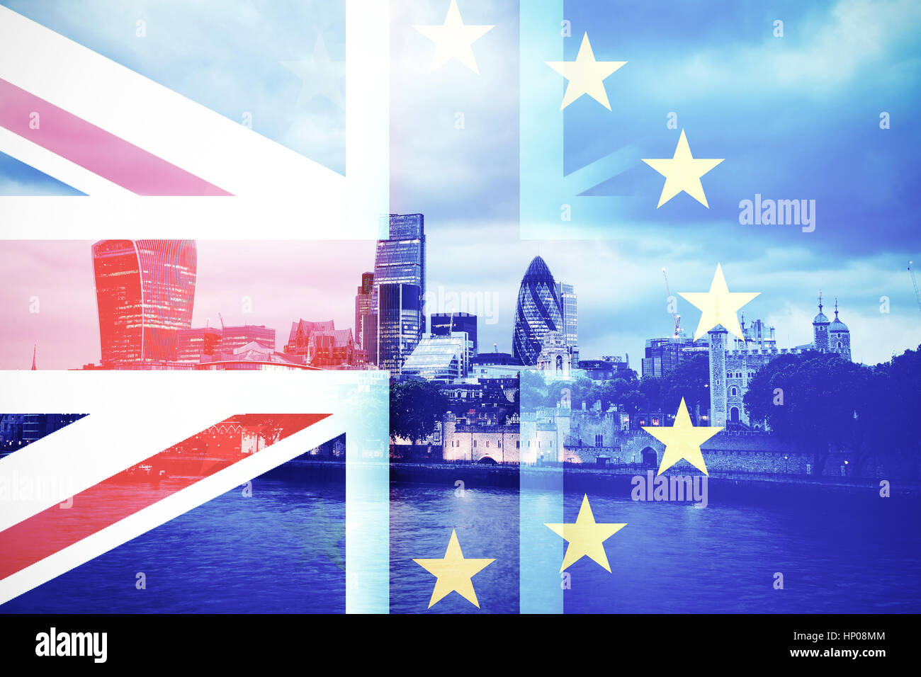 flags of UK and EU combined over icons of London - Brexit concept Stock ...