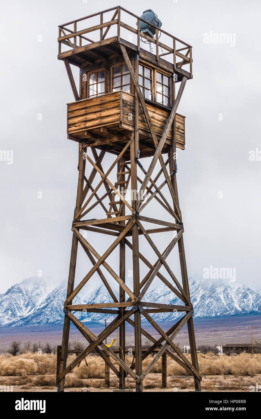 Old, abandoned, wooden guard tower, at the World War II Manzanar ...