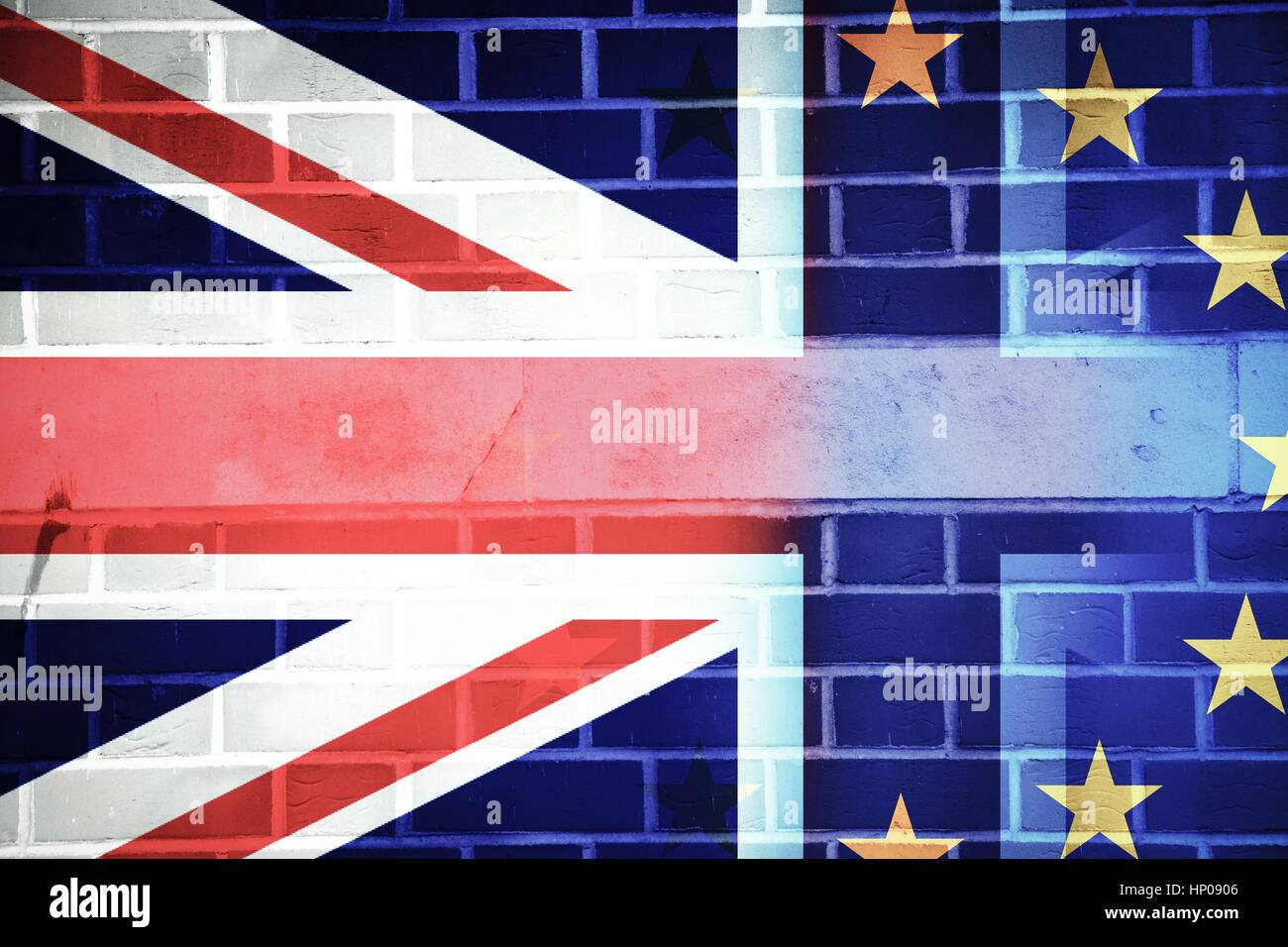 flags of UK and EU combined over icons of London - Brexit concept Stock ...