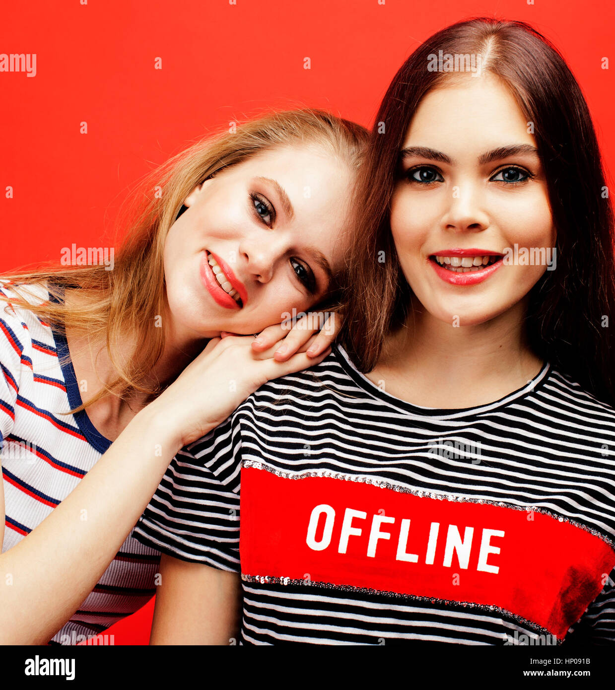 two best friends teenage girls together having fun, posing emotional on ...