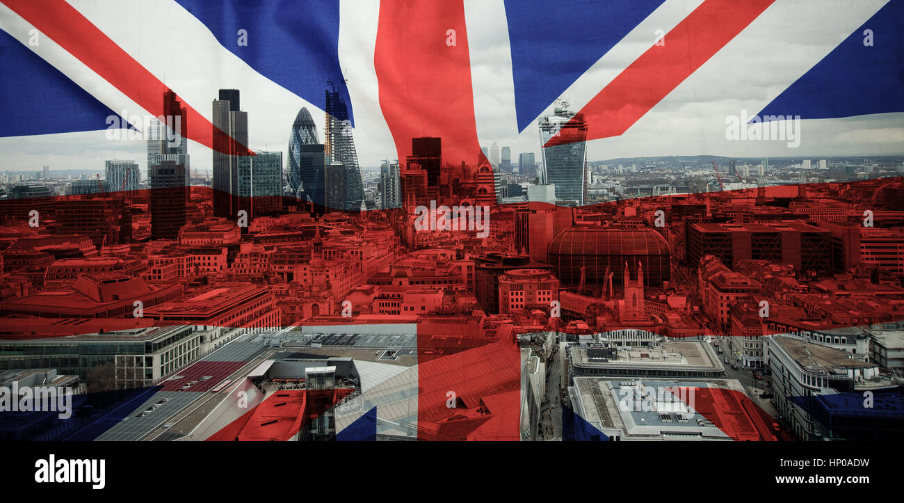 flags of UK and EU combined over icons of London - Brexit concept Stock ...
