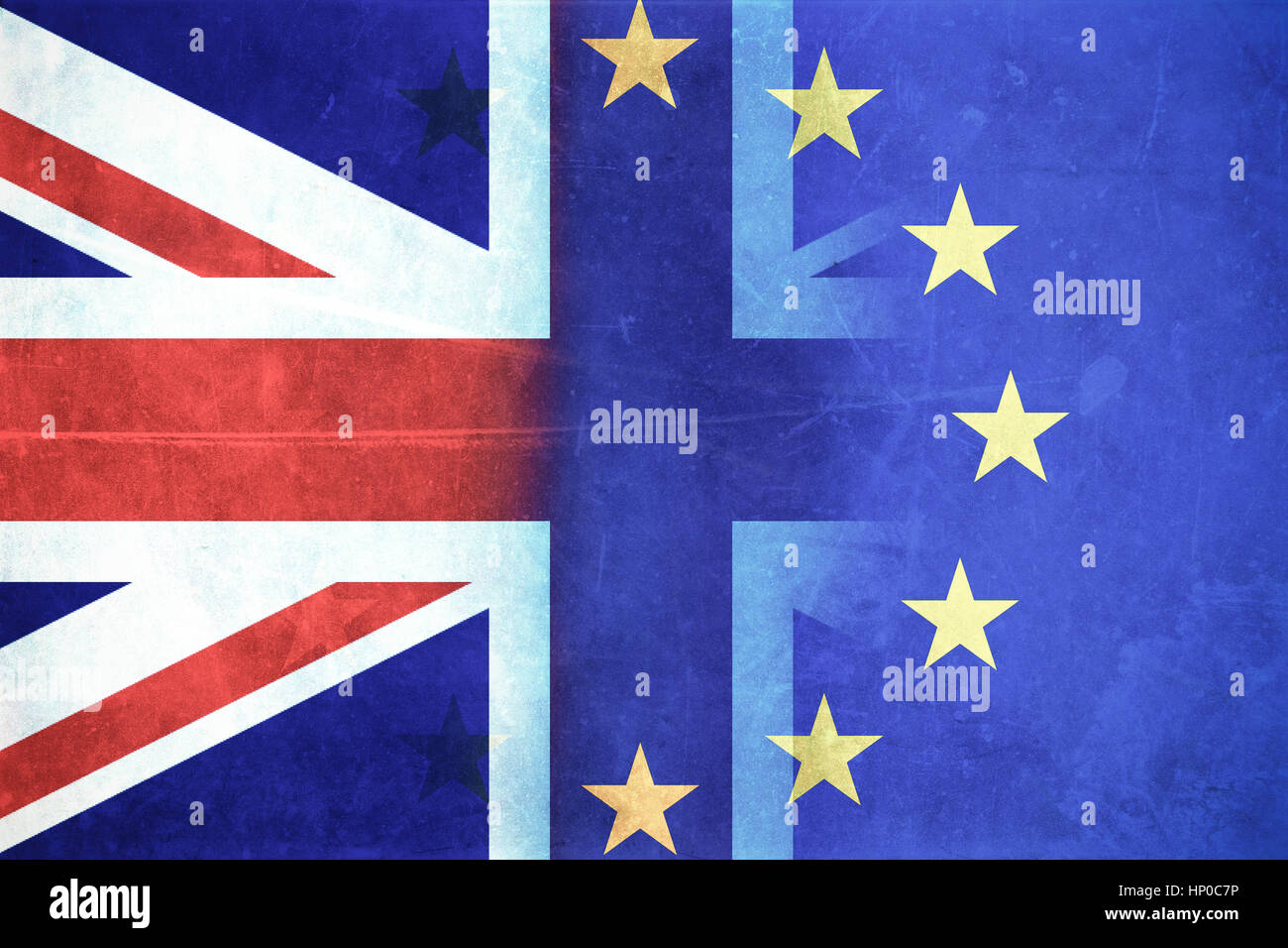 flags of UK and EU combined over icons of London - Brexit concept Stock ...