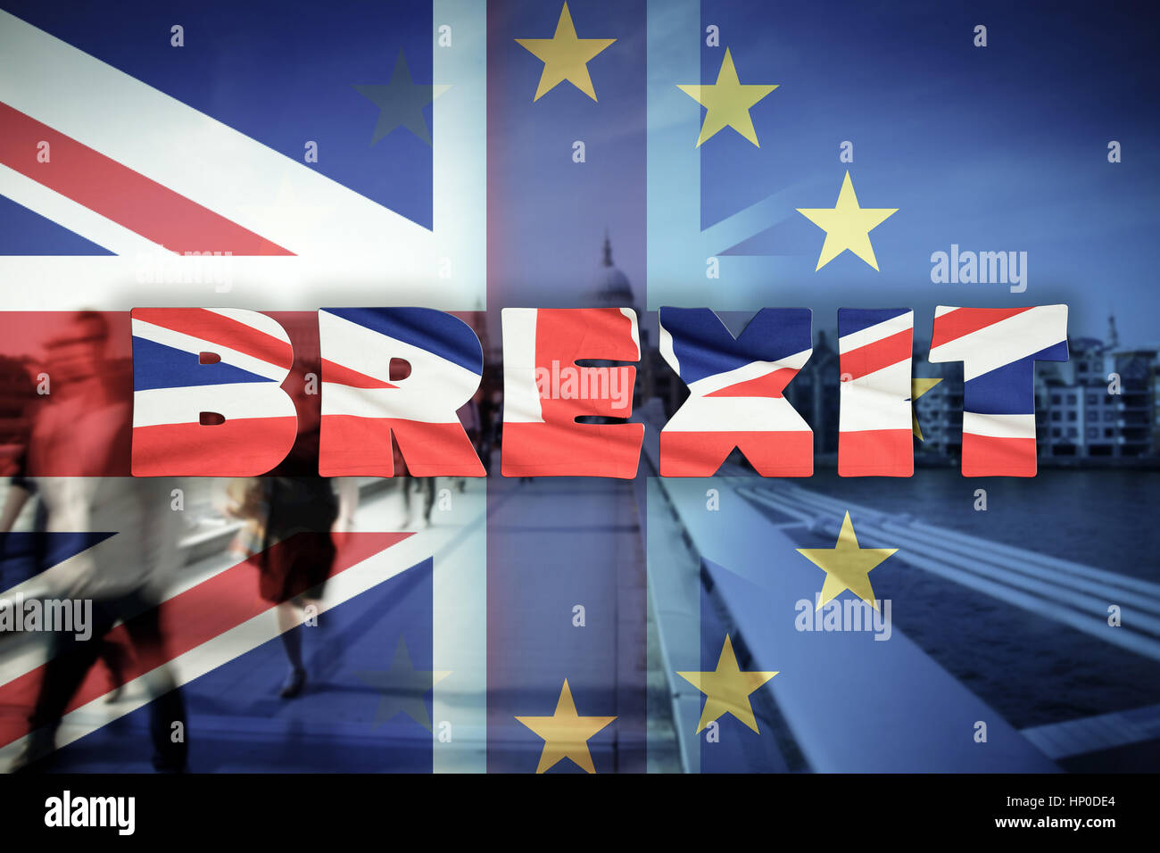 flags of UK and EU combined over icons of London - Brexit concept Stock ...