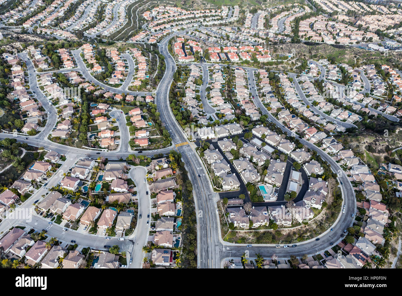 Aerial view of streets and homes in the Stevenson Ranch neighborhood of ...