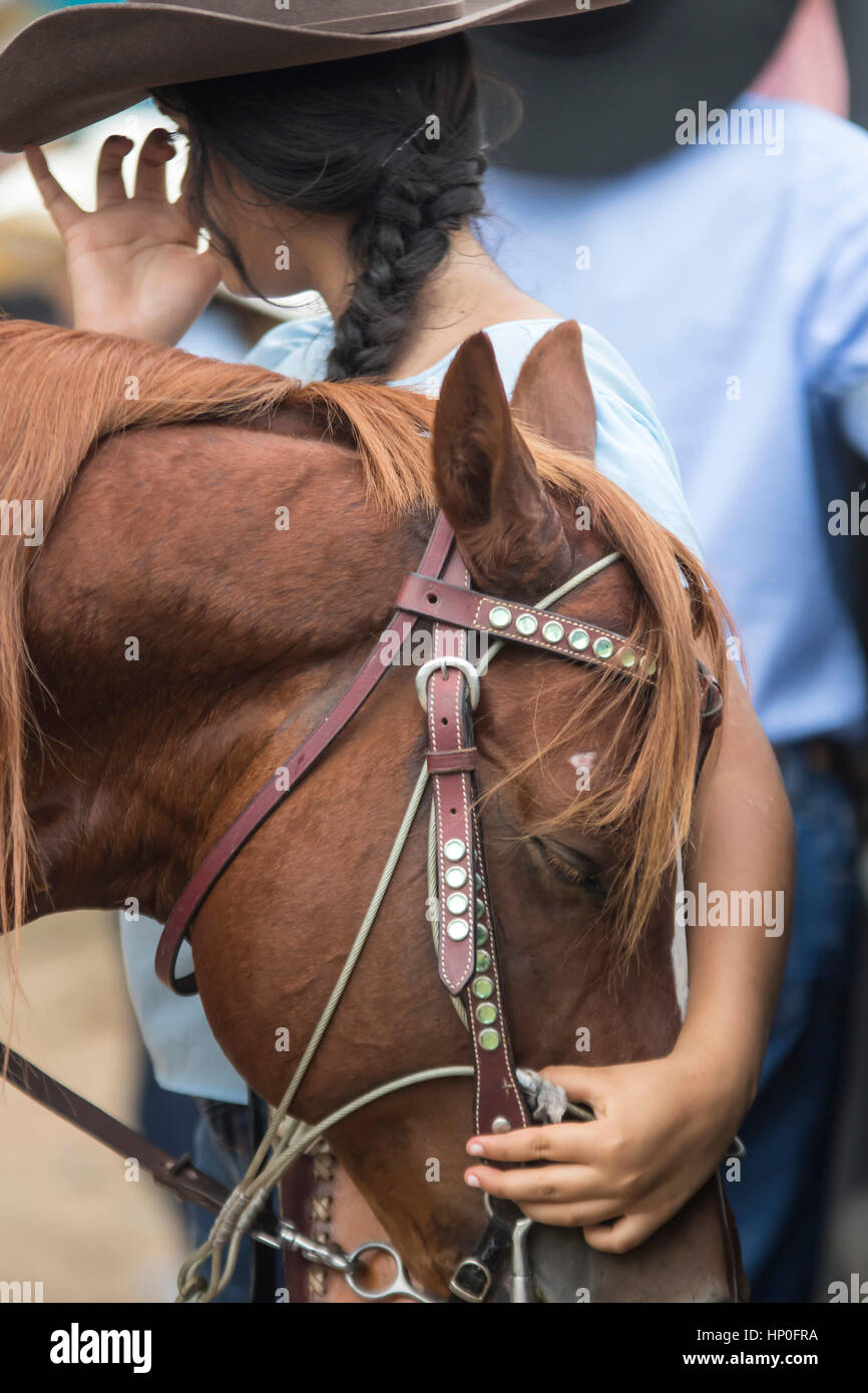 Girl caressing the head to his horse. Female rodeo competition ...