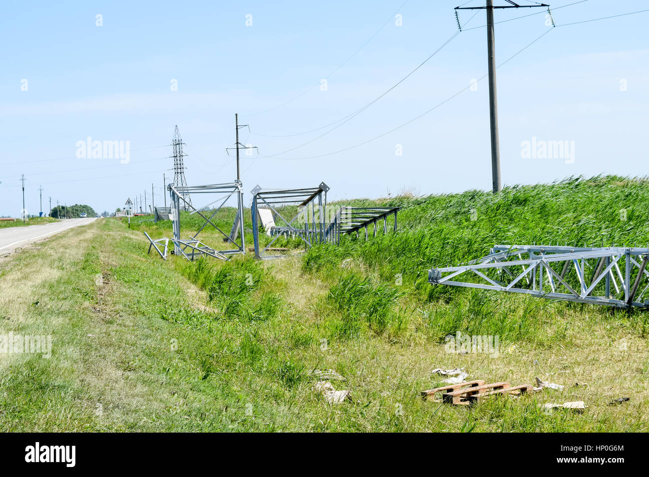 Power line support, insulators and wires. Appearance of a design ...