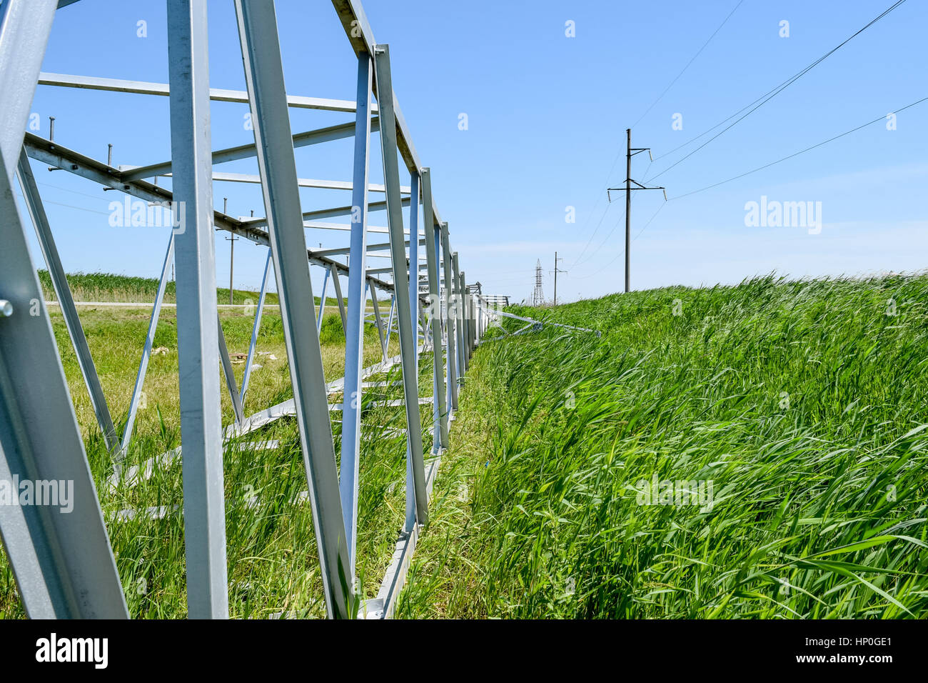 Power line support, insulators and wires. Appearance of a design ...