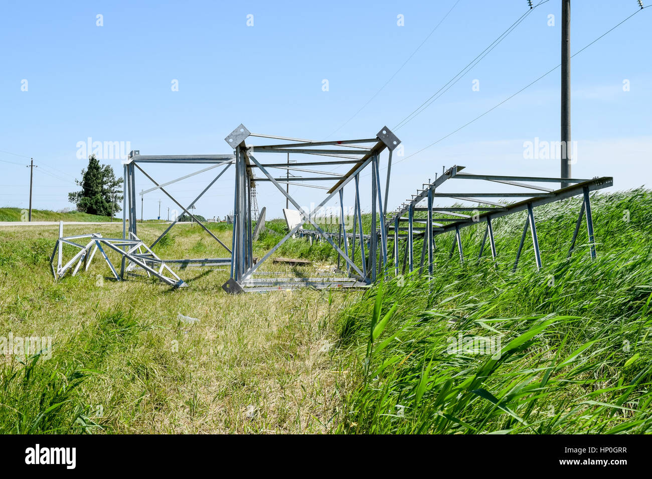 Power line support, insulators and wires. Appearance of a design ...