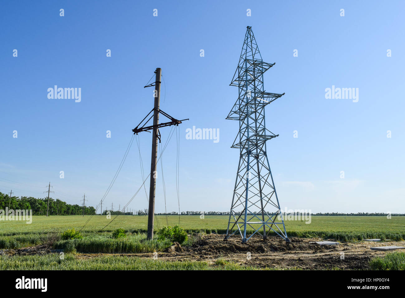 Power line support, insulators and wires. Appearance of a design ...