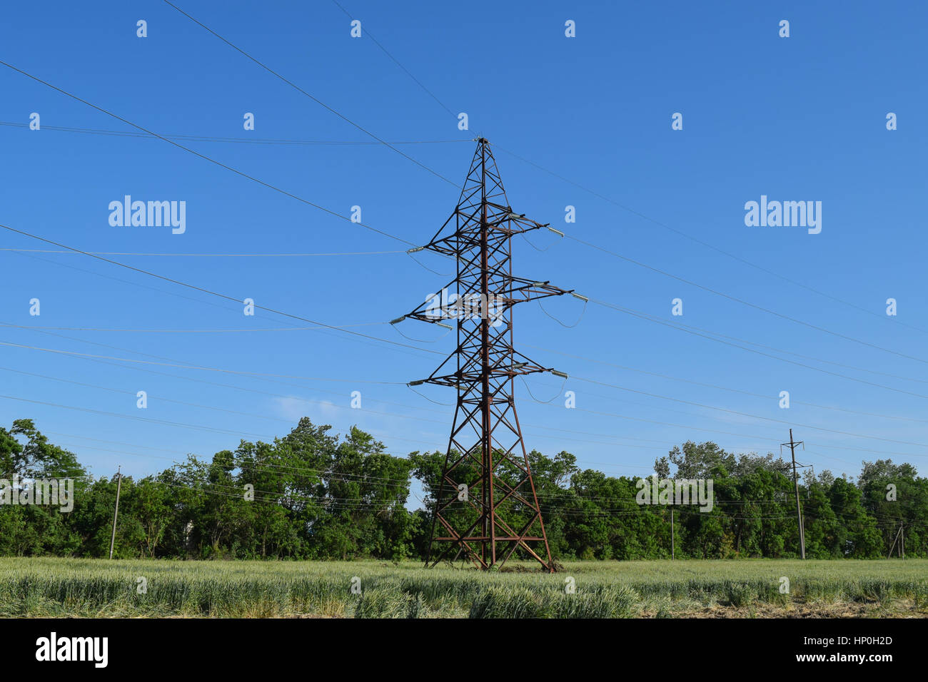 Power line support, insulators and wires. Appearance of a design ...