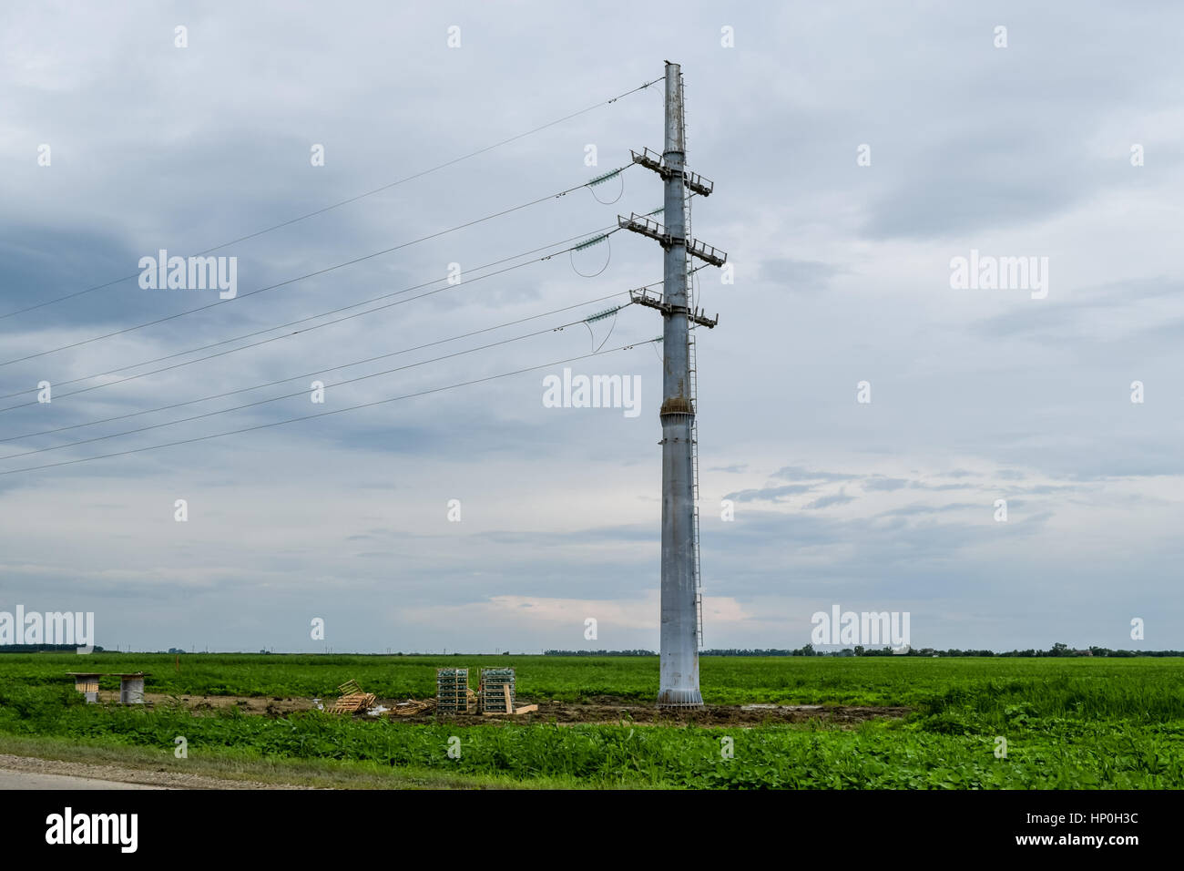 Power line support, insulators and wires. Appearance of a design ...