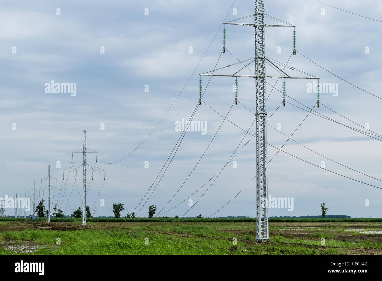 Power line support, insulators and wires. Appearance of a design ...