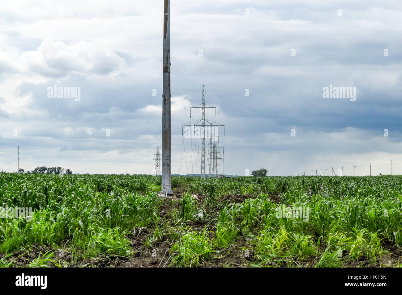 Power line support, insulators and wires. Appearance of a design ...
