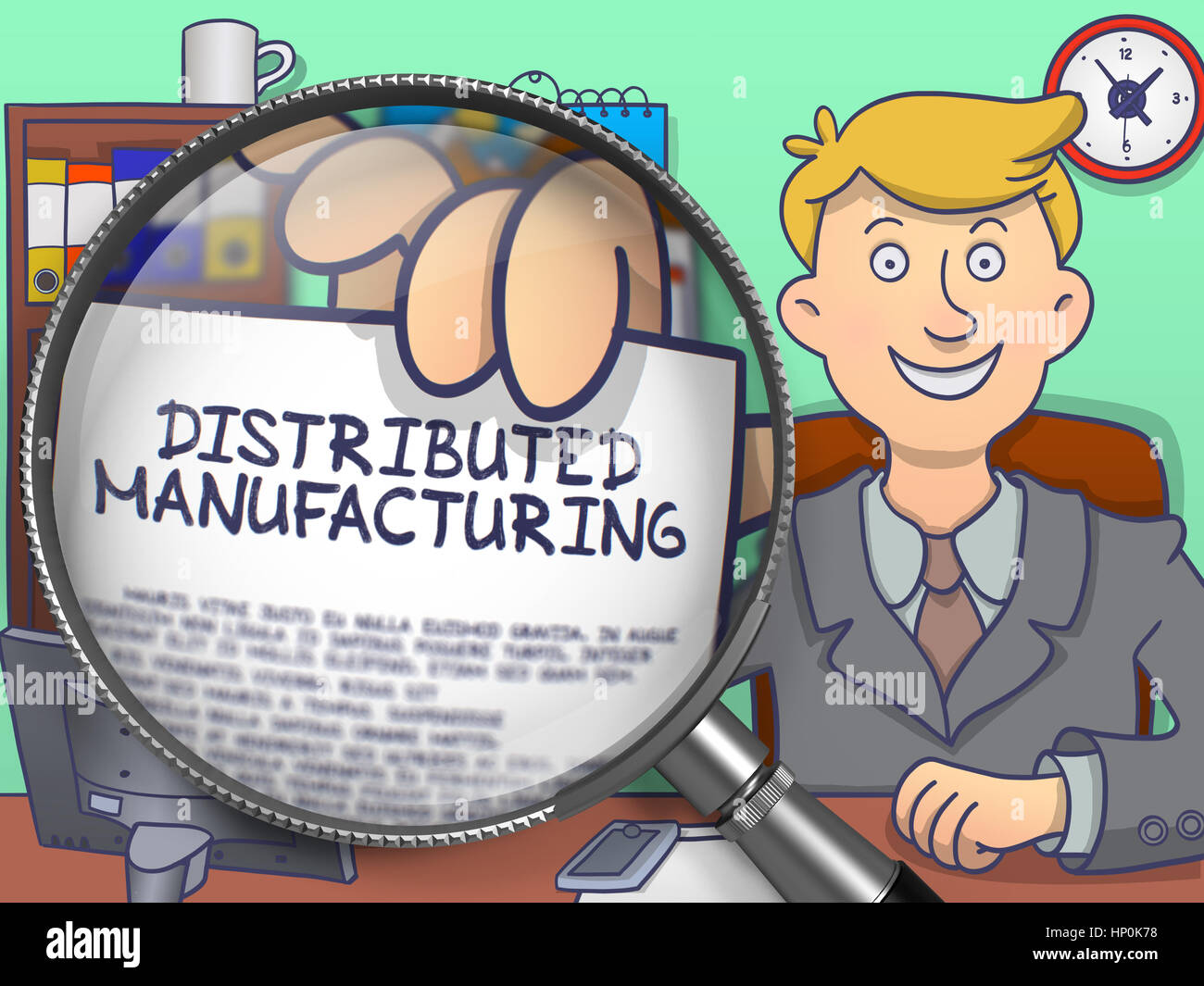 Distributed Manufacturing through Magnifier. Doodle Design Stock Photo ...