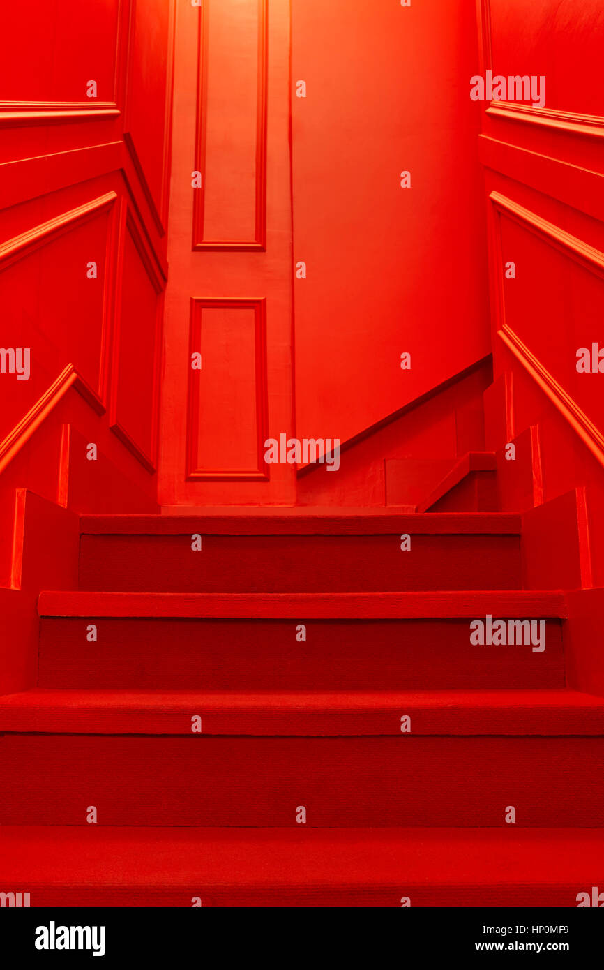 Red color home interior with stairs and wall. Decoration set. Vertical ...