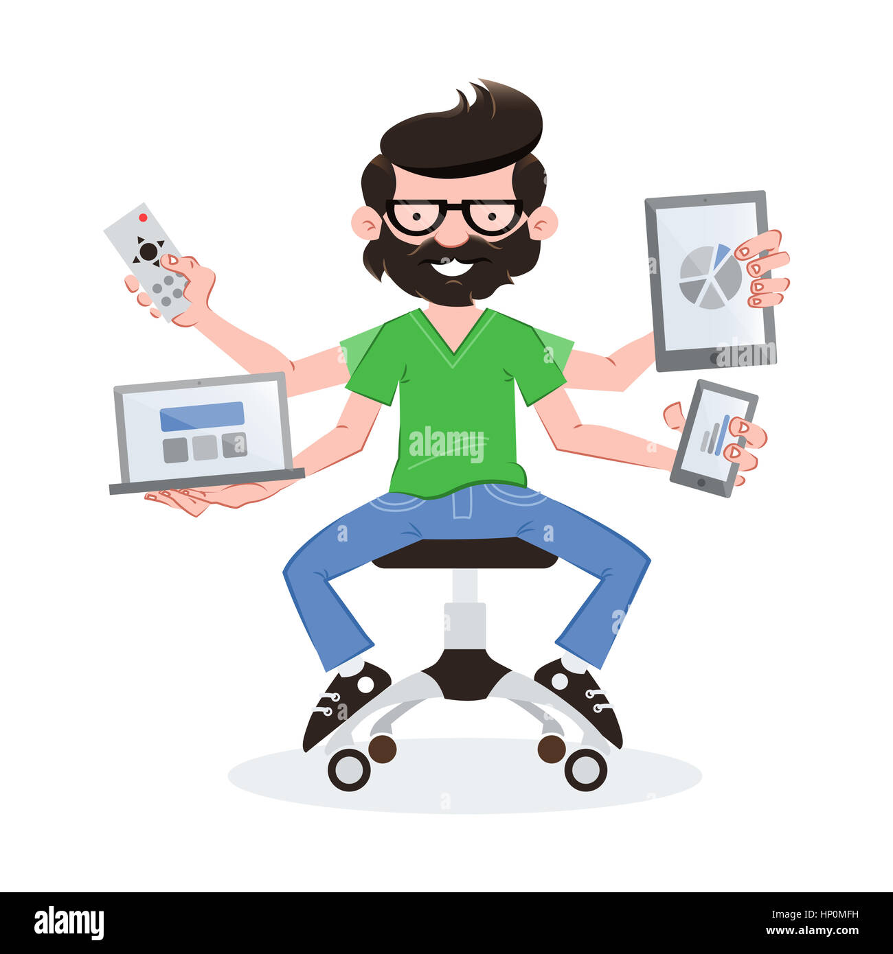 Vector illustration of a hipster geek guy with responsive devices Stock ...