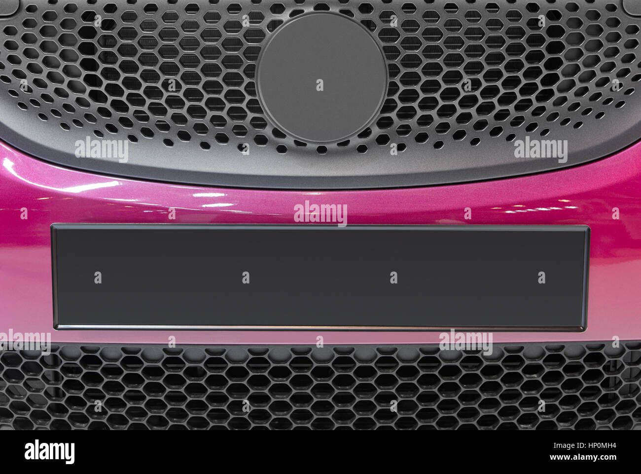 Modern vehicle front part detail in purple tone. Car plate. Horizontal ...