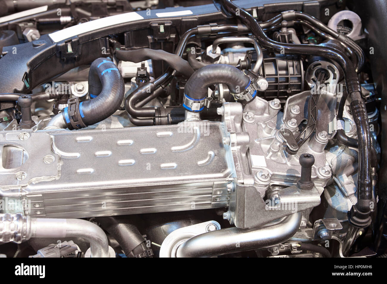 Brand new vehicle engine detail. Mechanic parts. Horizontal format ...