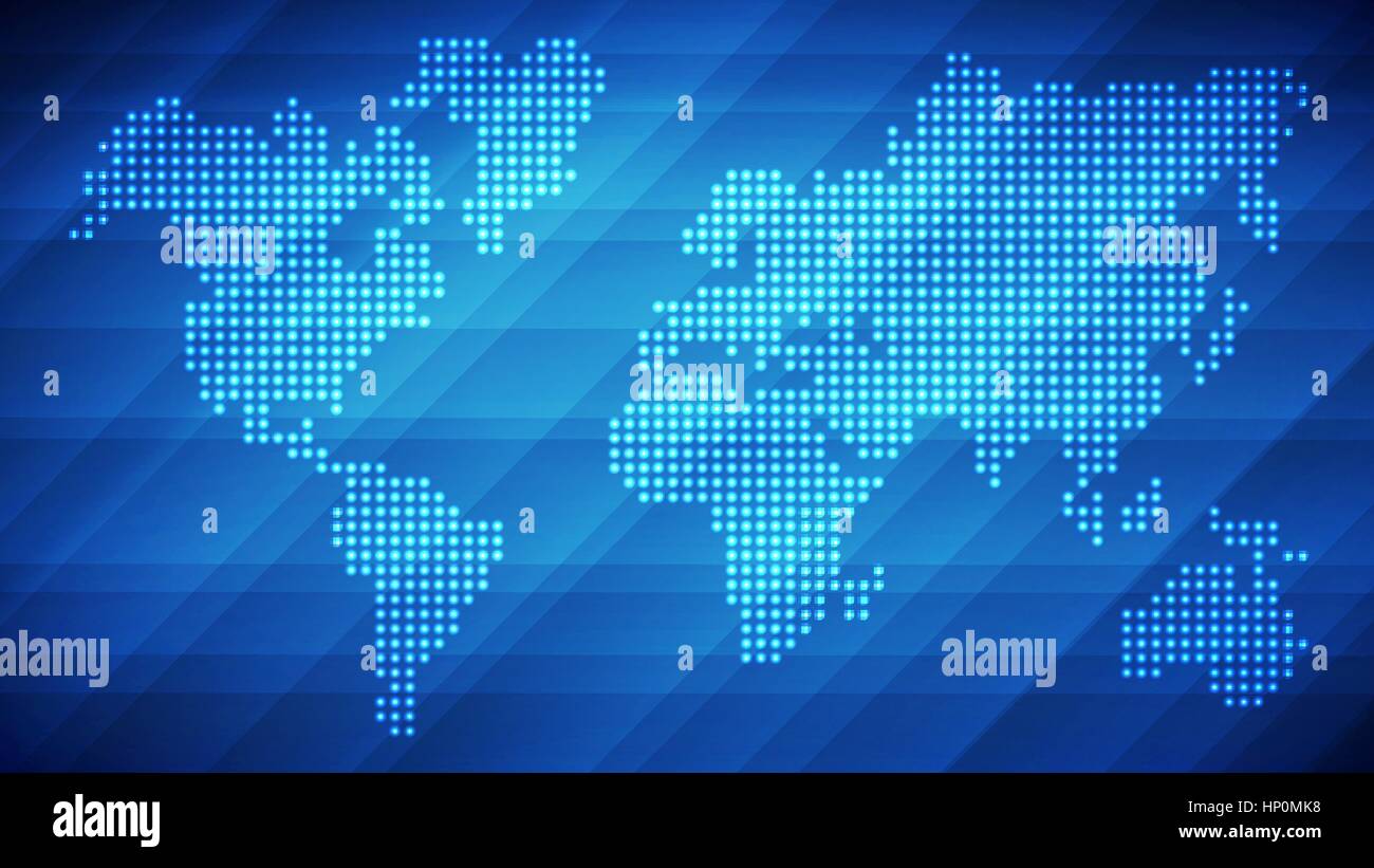 Dotted world map made of glowing dots. Abstract blue light background ...