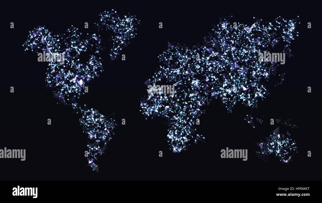 World map made of polygonal elements, glowing dots and particles for ...