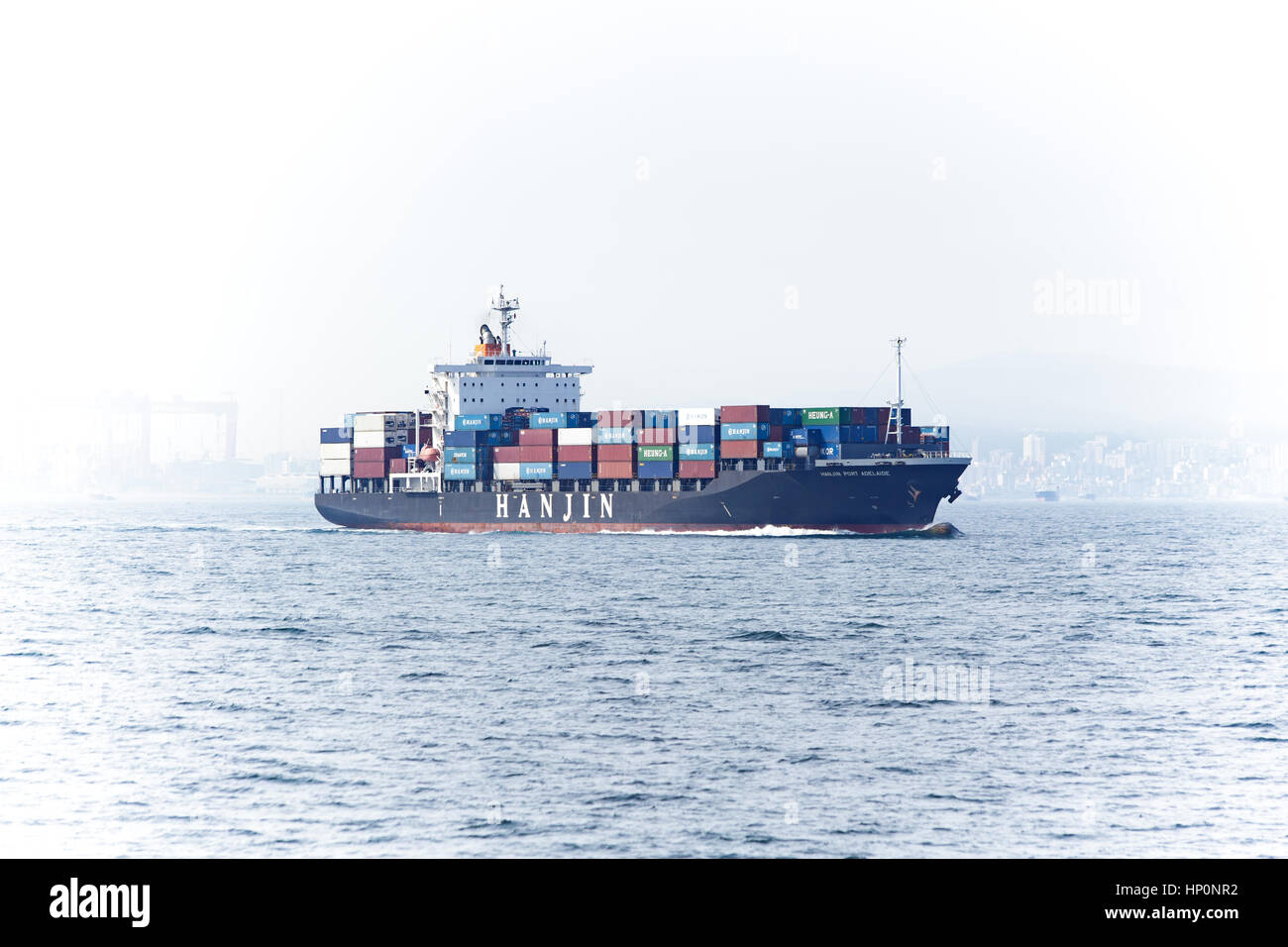 Onsan, South Korea - June 3th, 2016: Onsan, container truck Hanjin Port ...