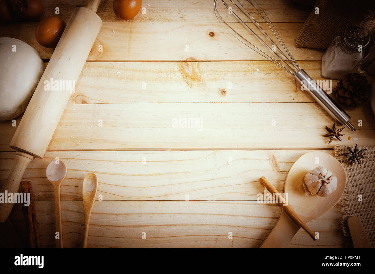 Blank wooden table background and bakery ingredients with copy space ...