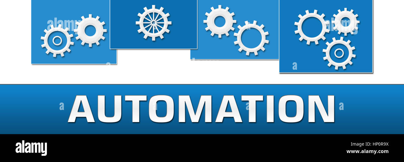 Automation Gears Blue Squares On Top Stock Photo - Alamy