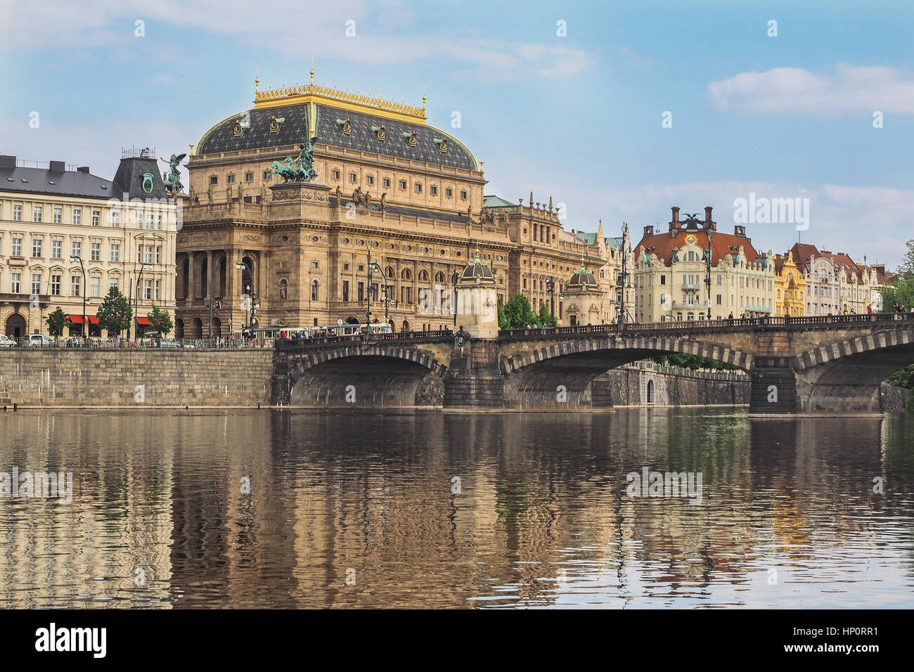 Cityscape of Prague with national theatre and river Vltava Stock Photo ...