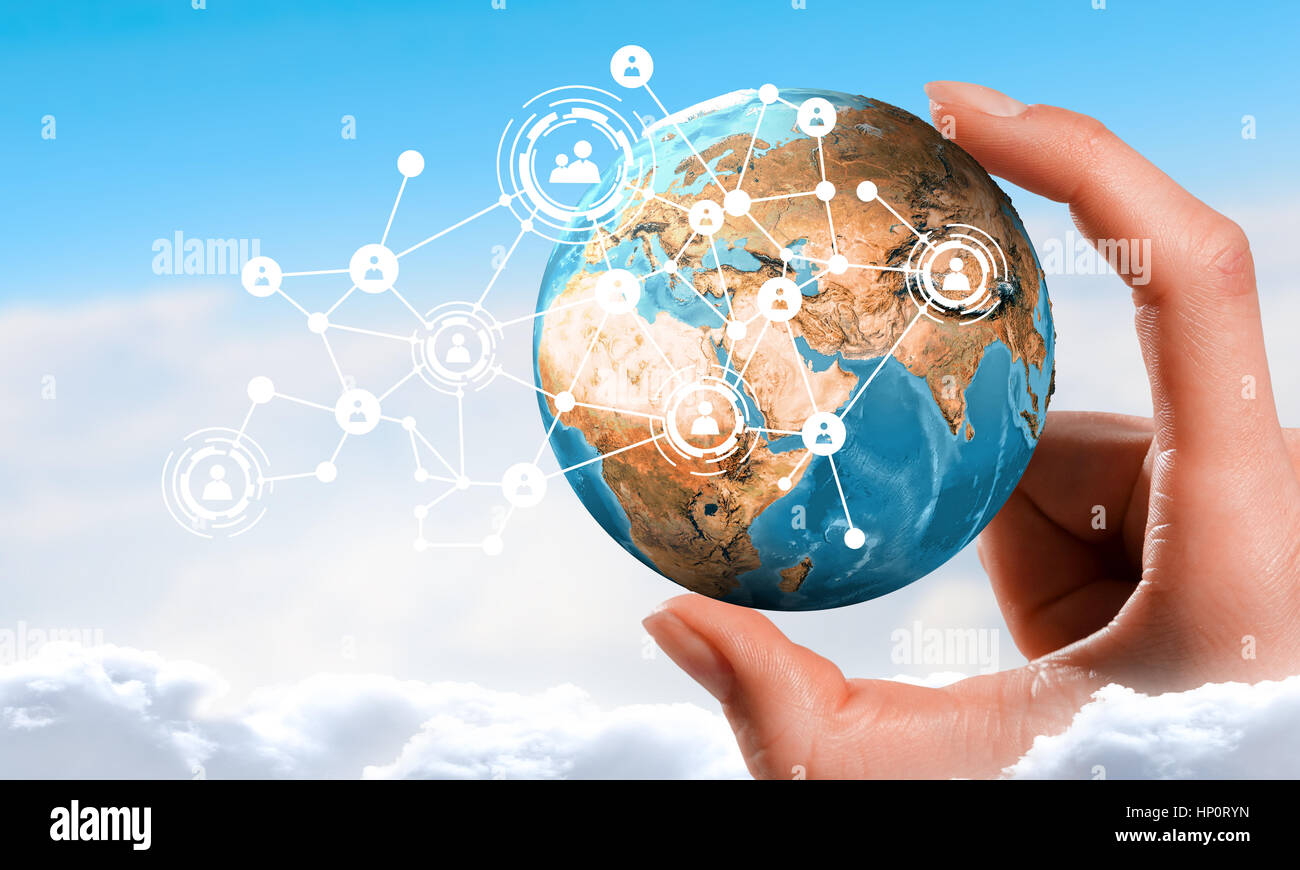 Female hand holding Earth planet presenting connection technologies ...