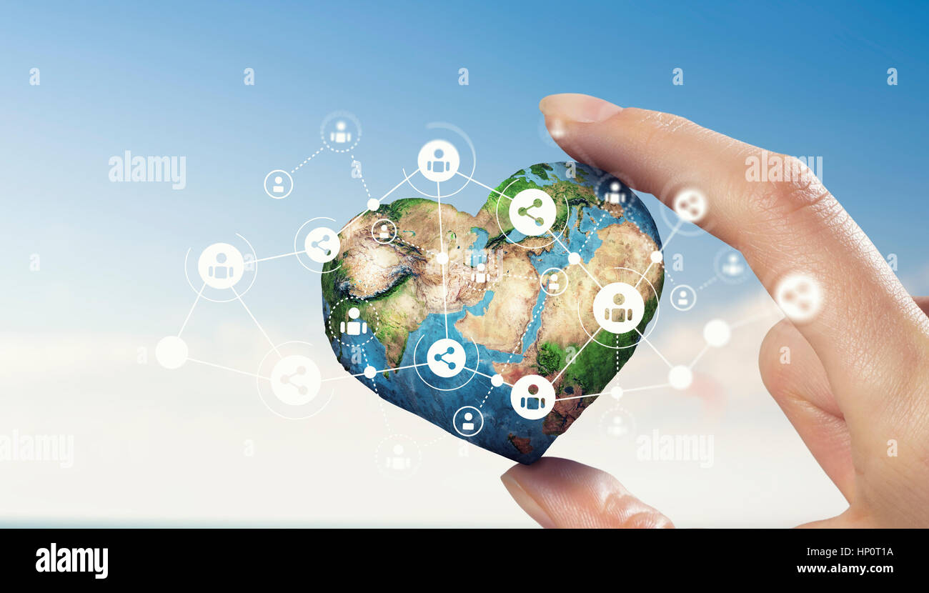 Female hand holding Earth planet presenting connection technologies ...